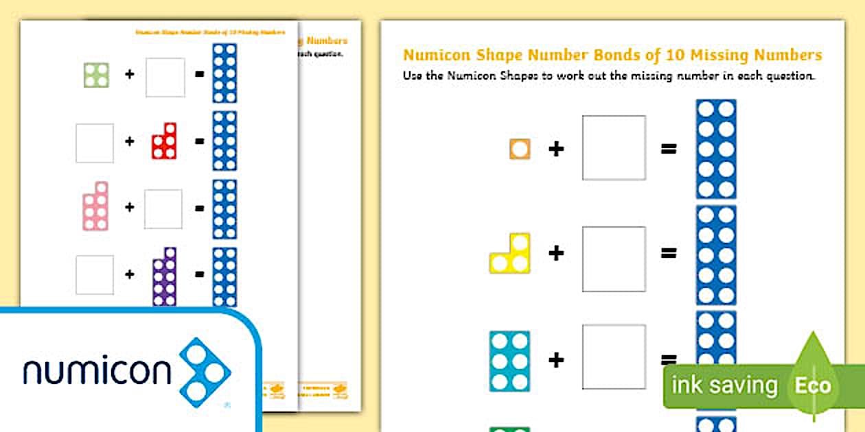Numicon Shapes Number Bonds of 10 Missing Numbers Activity